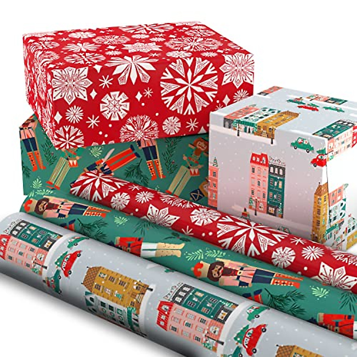 Hallmark Christmas Wrapping Paper with Cutlines on Reverse (3 Rolls: 120 Sq. Ft. Total) Winter City Scene, Rustic Snowflakes on Red, Nutcrackers with Foliage