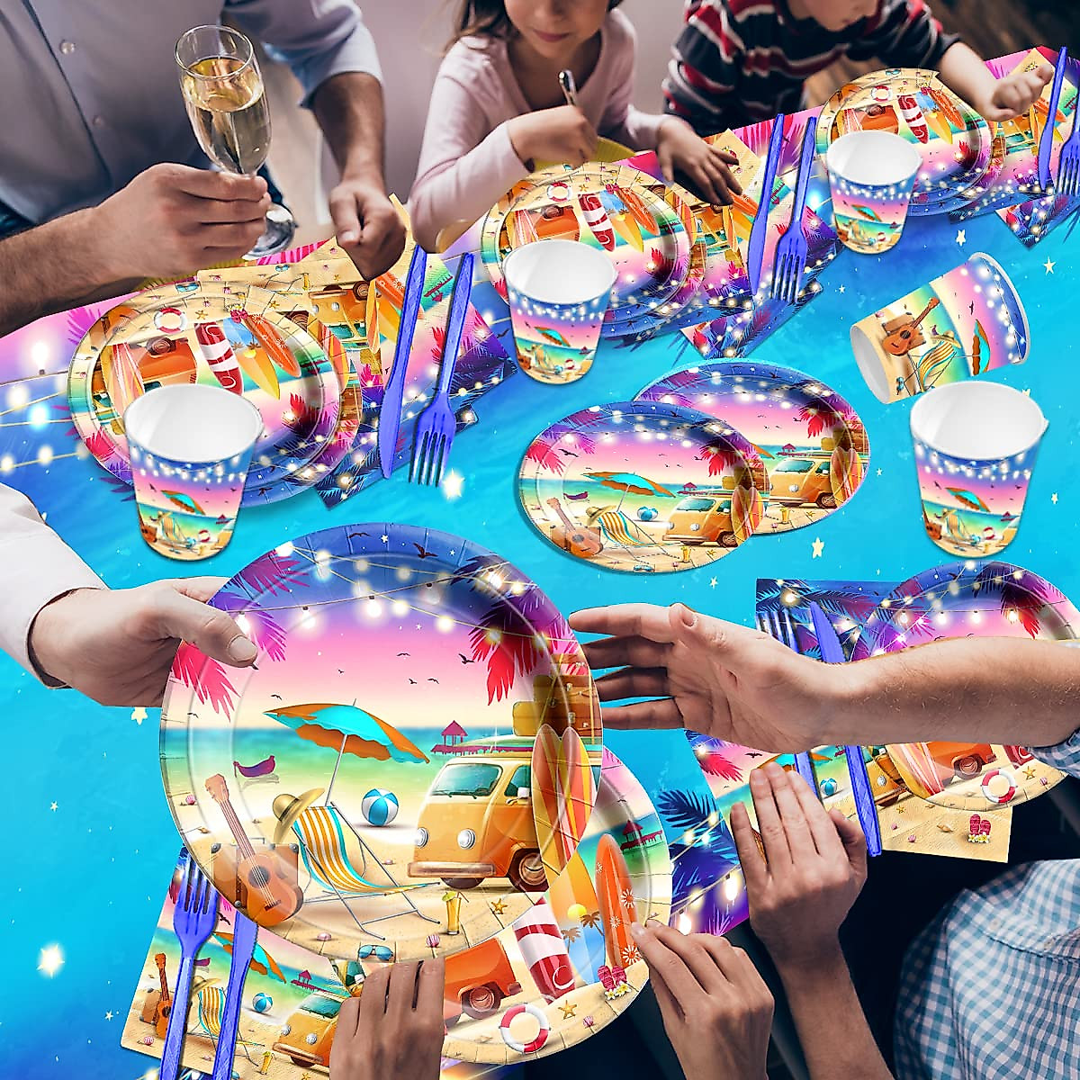 142pcs Sunset Beach Summer Tableware Set Beach Theme Party Decorations Palm Leaves Tropical Beach Banner,Tablecloth,Cups,Plates Napkins,Forks and Knives for Hawaiian Party,Swimming Pool Party,Birthday