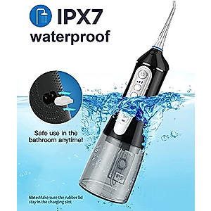 Water Flosser Cordless for Teeth Cleaning: Dental Oral Irrigator 4 Modes 5 Jet Tips 320ML Rechargeable IPX 7 Waterproof Portable Teeth Cleaner Pick for Home Trave (Black)