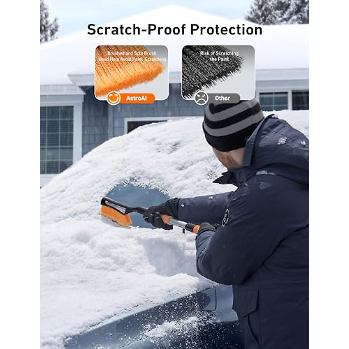 AstroAI 40" Snow Brush and Ice Scrapers for Car Windshield, Detachable Snow Scrapers with Ergonomic Foam Grip for Cars, Trucks, SUVs (Heavy Duty ABS, PVC Brush, Orange)