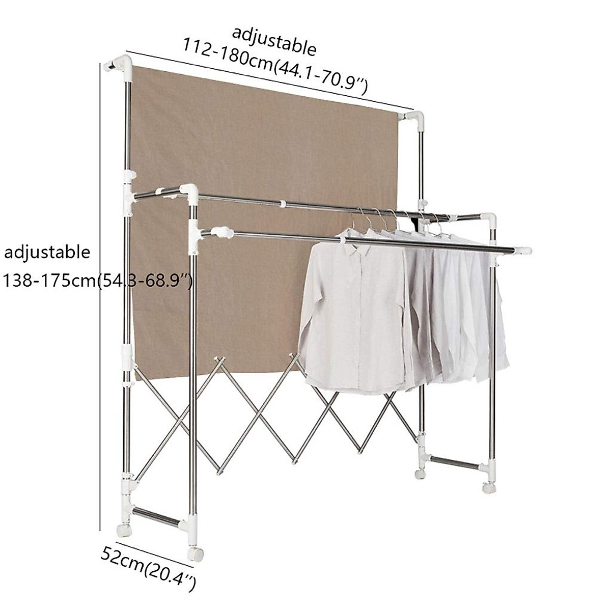 Jixi Drying Rack Clothes Airer Stainless Steel Drying Rack Double Pole Folding Adjustable Clothes Hanger with Universal Wheel Indoor Outdoor Laundry Rack (Color : Stainless Steel)