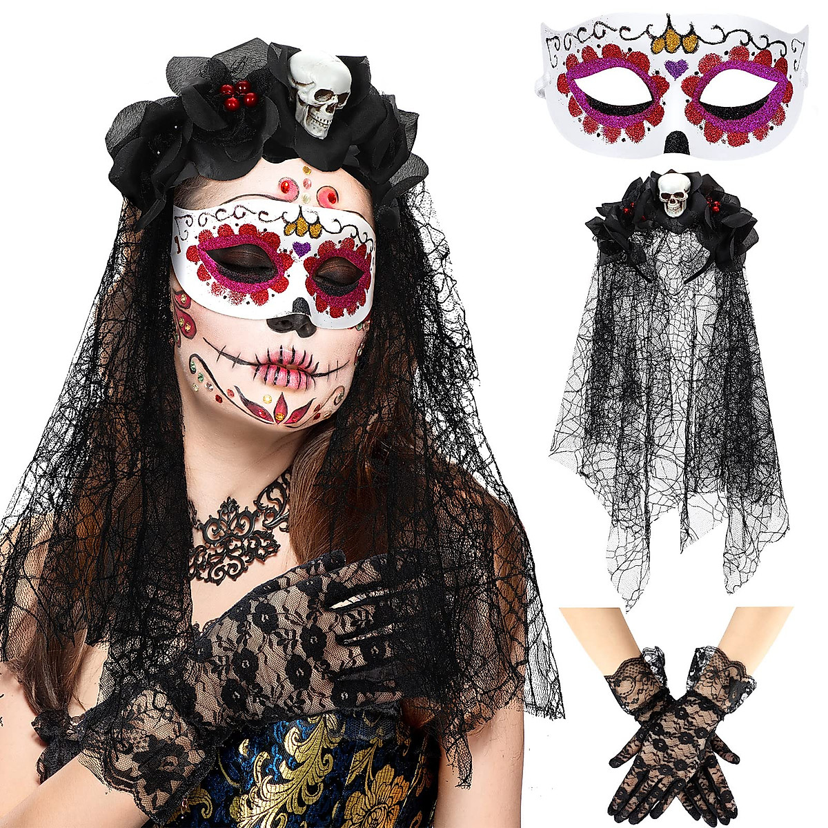 Yunlly 3 Sets Day of The Dead Mexican Flower Veil Headband Gothic Lace Gloves Day of The Dead Mask for Halloween Costume Cosplay (Elegant Style)
