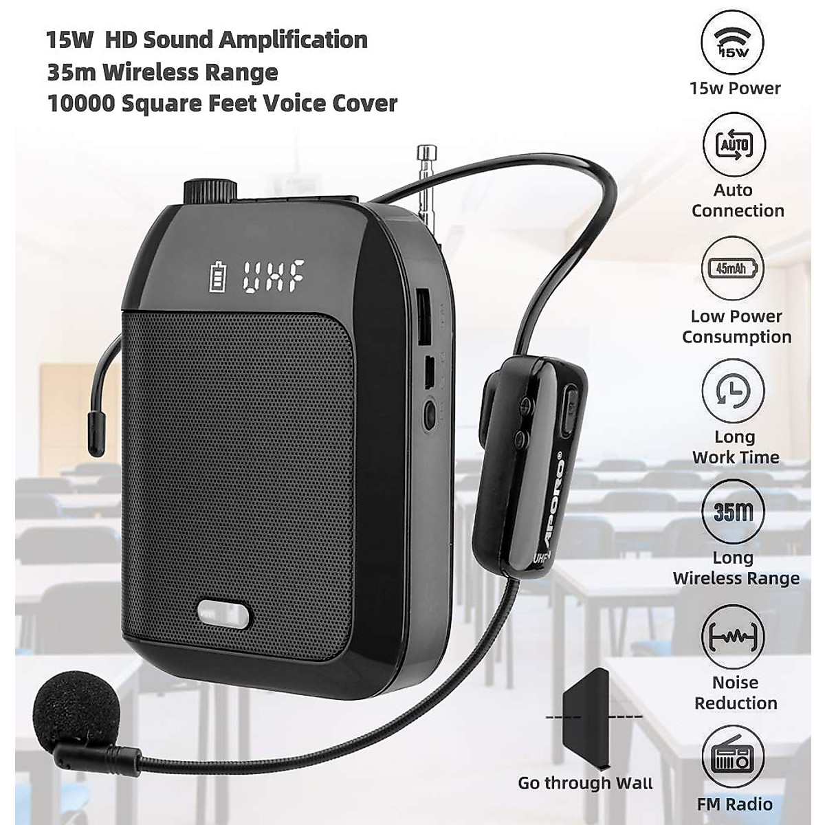 Wireless Voice Amplifier, 15W Rechargeable Portable PA System (2400mAh) Bluetooth Speaker with UHF Wireless Microphone for Teachers, Tour Guide and More
