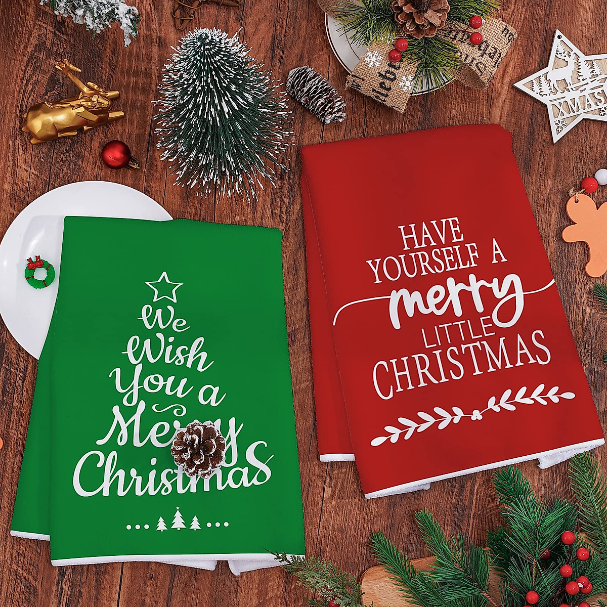 AnyDesign 4 Pack Christmas Kitchen Towels Christmas Tree Snowflake Pattern Dishcloth Red Green Xmas Hand Drying Towels for Christmas Home Kitchen Bathroom Decoration Housewarming Gifts, 18 x 28