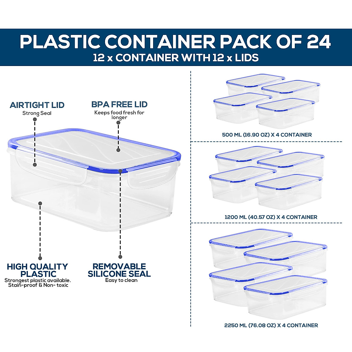 Utopia Kitchen Plastic Food Storage Container Set with Airtight Lids - Pack of 24 (12 Containers & 12 Snap Lids)- Reusable & Leftover Food Lunch Boxes - Leak Proof, Freezer & Microwave Safe