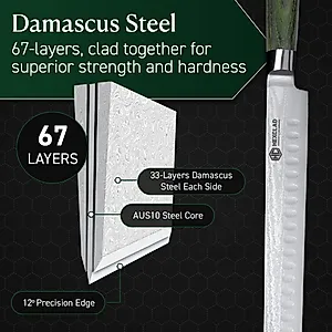 HexClad Carving Knife and Fork Set, 10-Inch, Japanese Damascus Stainless Steel Blade Knife with Full Tang Construction and 2-Pronged Fork, Pakkawood Handles