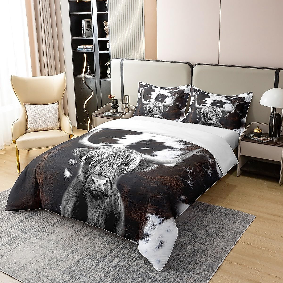 Cow Skin Duvet Cover 100% Nature Cotton King,Realistic Cowhide Print Western Highland Cattle Comforter Cover,Vinateg Country Decor All Season Super Soft Bedding Bedroom Decor