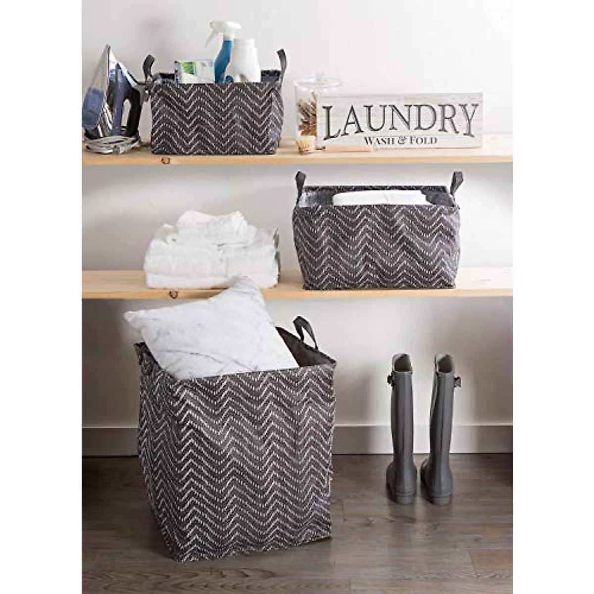 DII Collapsible Waterproof Chevron Laundry Bins, Medium Rectangle, Black/White, 2 Piece
