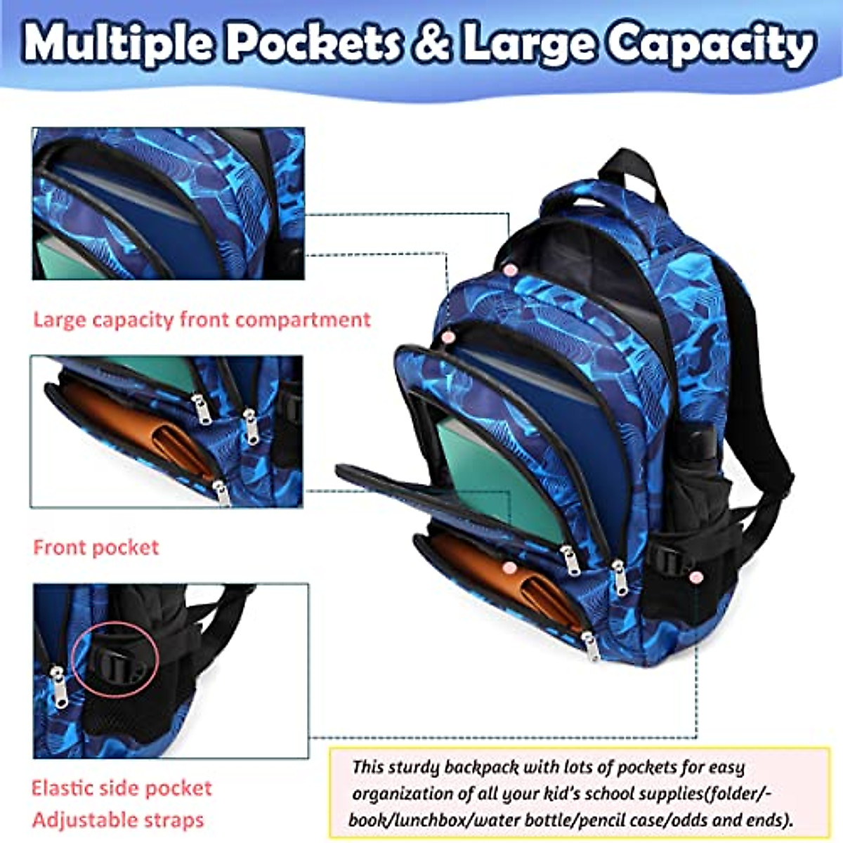 BLUEFAIRY Kids Backpack Boys Elementary School Bags Primary Middle School Book Bags Sturdy for Teens Chlid Lightweight Durable Travel Gifts Mochila para niños 17 Inch (LINE-BLUE)