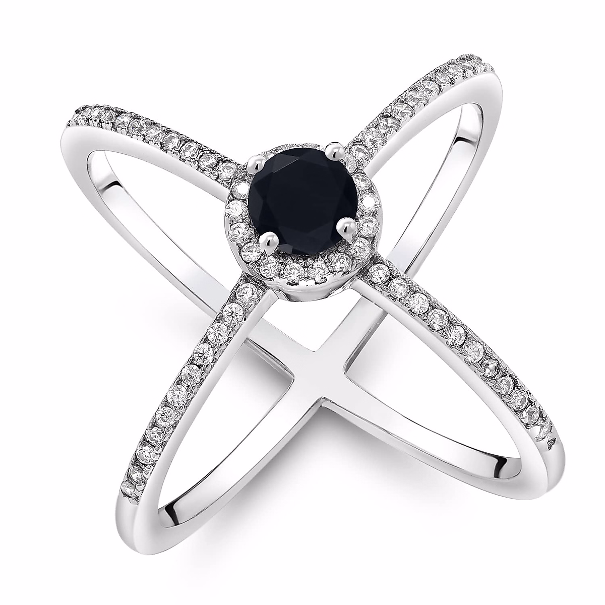 Gem Stone King 925 Sterling Silver Black Onyx Criss Cross X Ring For Women (1.29 Cttw, Round 5MM, Gemstone Birthstone, Available In Size 5, 6, 7, 8)
