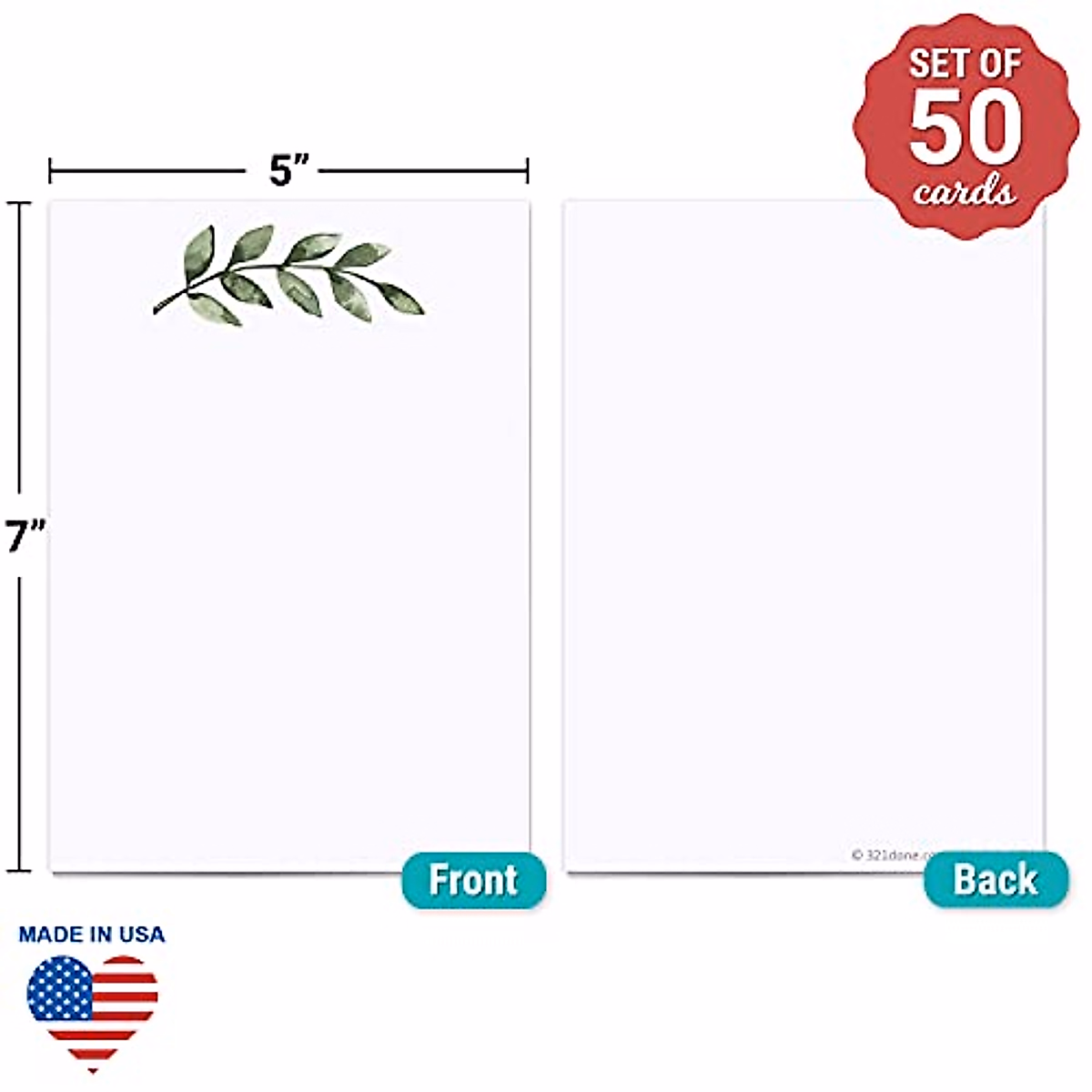 321Done Greenery Note Cards - 5x7 (Set of 50) Blank Greenery Cards - Thick, Heavy Cardstock - Pretty, Cute Simple Green Leaves Design on White - No Envelopes - Made in The USA