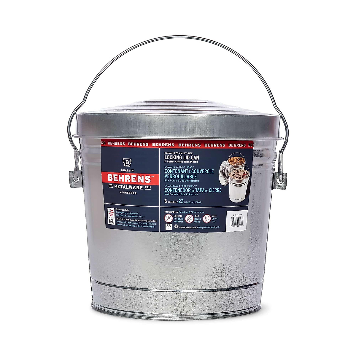 Behrens 6 Gallon Rust-Proof Steel Locking Lid Trash Can(6 gal) Made in USA