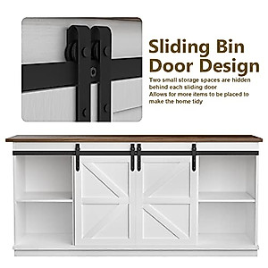 JUMMICO Farmhouse TV Stand up to 65 Inches, Mid Century Modern Entertainment Center with Sliding Barn Doors and Storage Cabinets, Metal Media TV Console Table for Living Room Bedroom (Bright White)