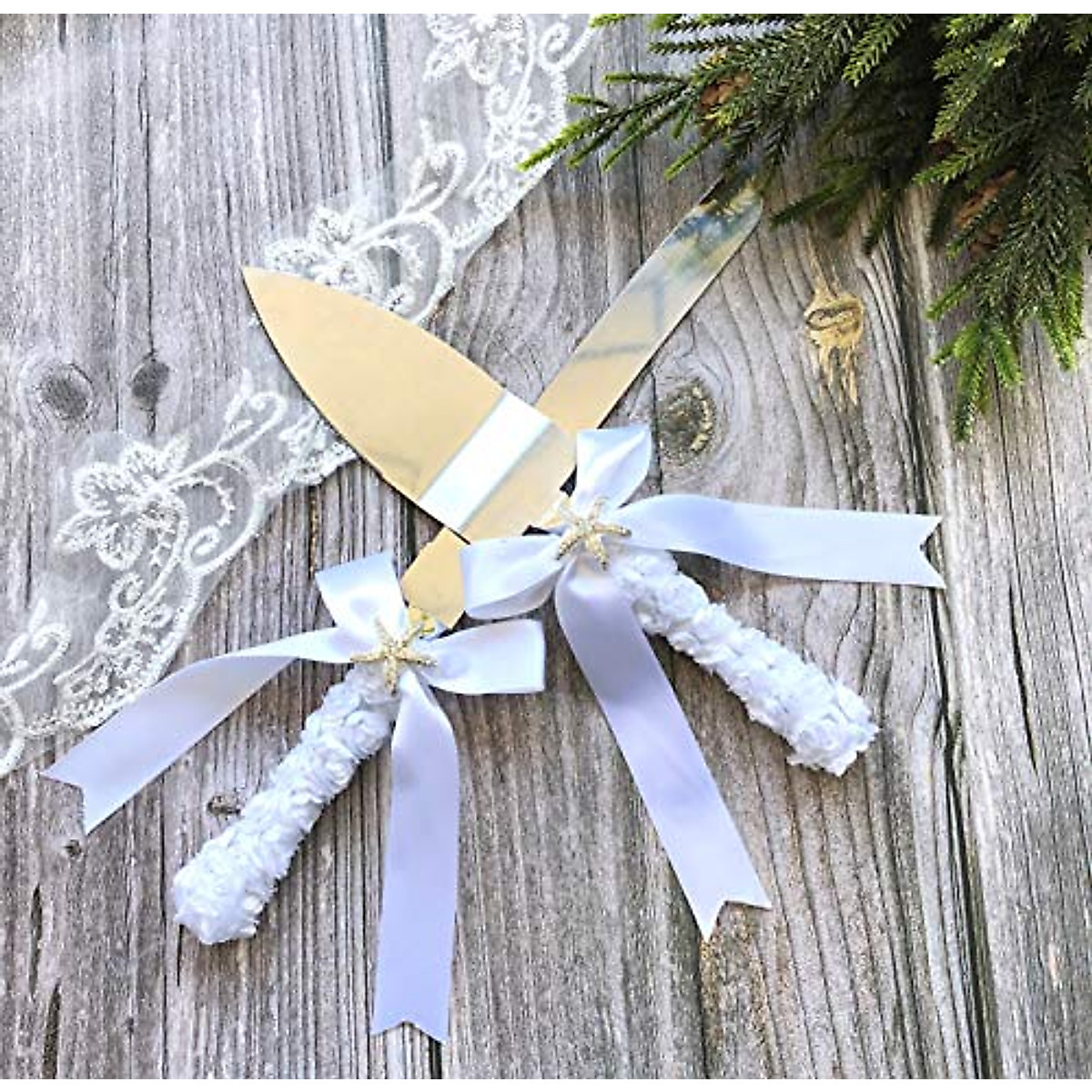 Abbie Home Wedding Cake Knife and Server Set - Flower Wrapped Handle with Silk Bow and Rhinestone Jewelry Décor (Starfish)