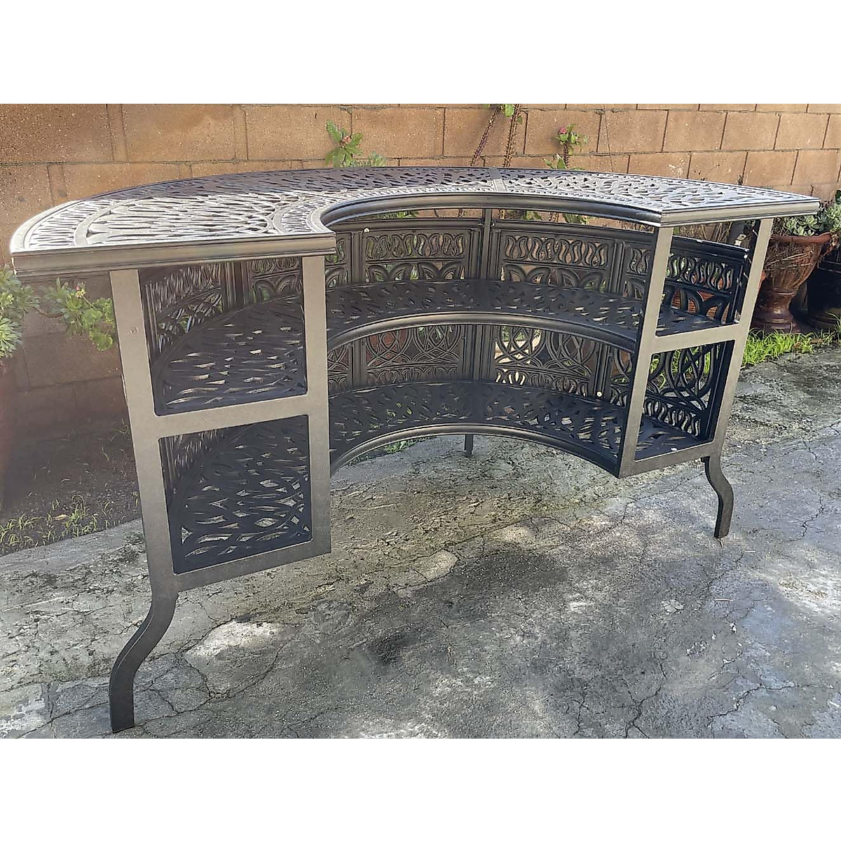 Cast Aluminum Outdoor Curved bar Table with Storage Patio Furniture Desert Bronze.