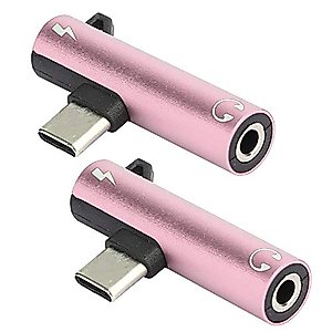 USB C to 3.5MM Audio Adapter, 2Pcs 2 in 1 Universal TypeC to 3.5mm Assist Audio Cable Charger Headset Distributor Adapter for Motorola Moto for LeEco Le for Xiaomi 6 for Nubio Z17, etc(Pink)