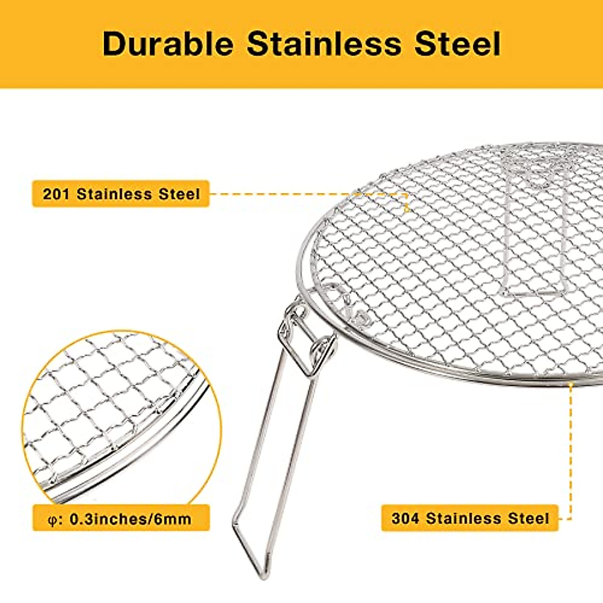 Lineslife Folding 13.4'' Round Campfire Grill Grate, Portable Stainless Steel Camp Fire Cooking Racks with Removable Net 3 Legs for Outdoor Camping Cooking Fire Pit, Silver