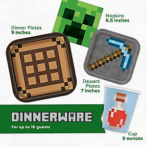 Mega Minecraft Party Supplies and Decorations Set, Minecraft Birthday Party Supplies, Serves 16 Guests, Includes Plates, Banner, Table Cover, Balloons and More