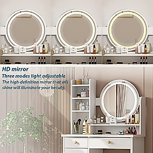 AGOTENI Makeup Vanity Set Dresser Desk with 5 Drawer and Shelf Round Mirror with Touch Screen and Light Vanity Set with Cushioned Stool for Bedroom, White