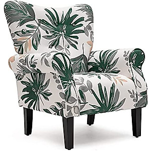 MELLCOM Mid Century Wingback Arm Chair,Modern Upholstered Fabric High Back Accent Chair with Wood Legs,Upholstered Single Sofa Club Chair for Living Room, Bedroom, Home Office, Green Leaves