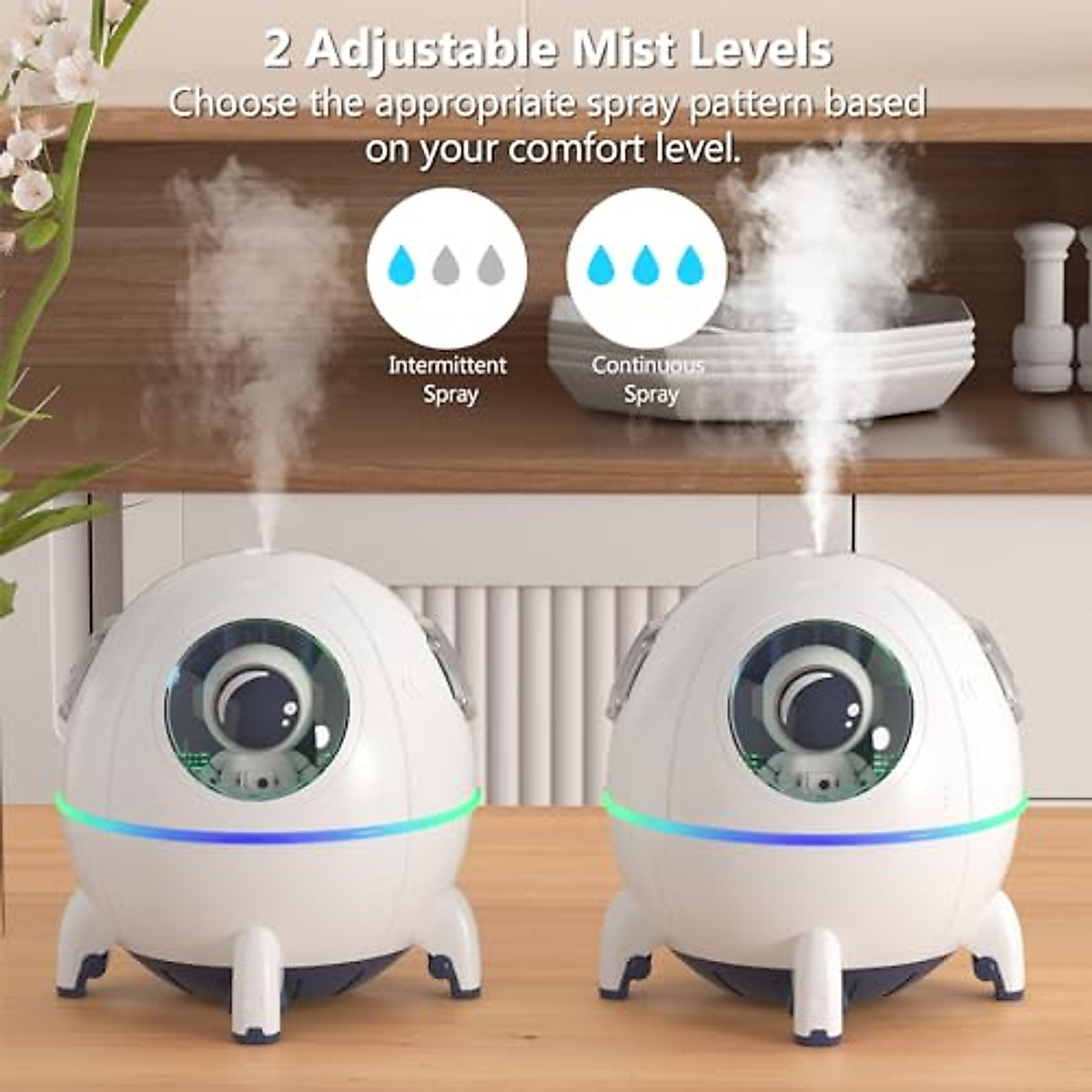 Humidifier for Bedroom Kids, Mini Water Diffuser with Colorful Night Lights Cool Air Mist Quiet Humidifiers with Cute Space Capsule Detachable Astronaut Rechargeable for Office Desktop 220ML(White)