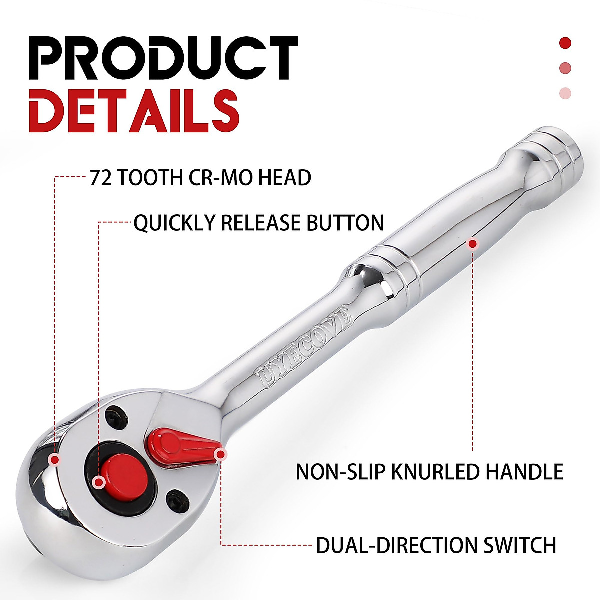 UYECOVE 1/4 Inch Drive Ratchet Wrench, 1/4 Ratchet, Socket Wrench, 72-Tooth Quick-release Reversible Cr-Mo Head, Chrome Steel Made - 5.9''15cm