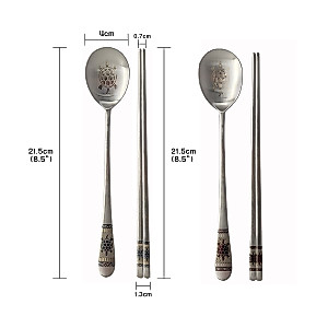 BALWOO [Made in Korea] Hologram Turtle Design Korean Table Sticky Rice Spoon and Chopsticks 304 Stainless Steel Flat Chopsticks Matt Surface Mukbang Cutlery (Red)