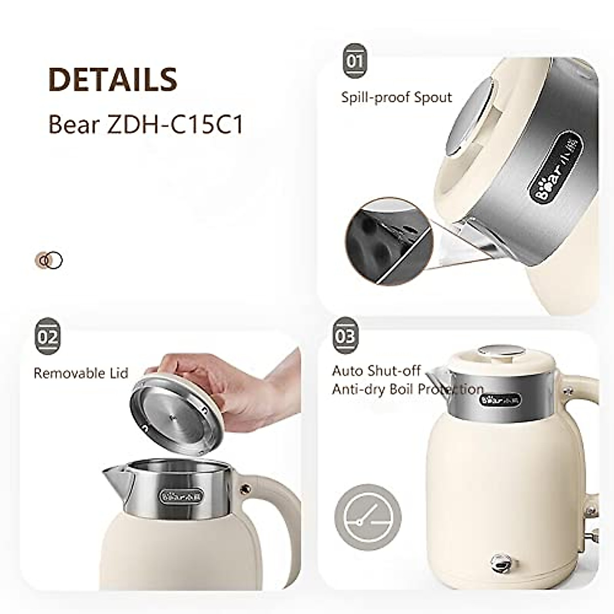 Bear ZDH-C15C1 Electric Kettle for Coffee & Tea, Stainless Steel Hot Water Boiler with Keep Warm Function, Auto Shut-Off, BPA Free, 1.5l, Ivory White