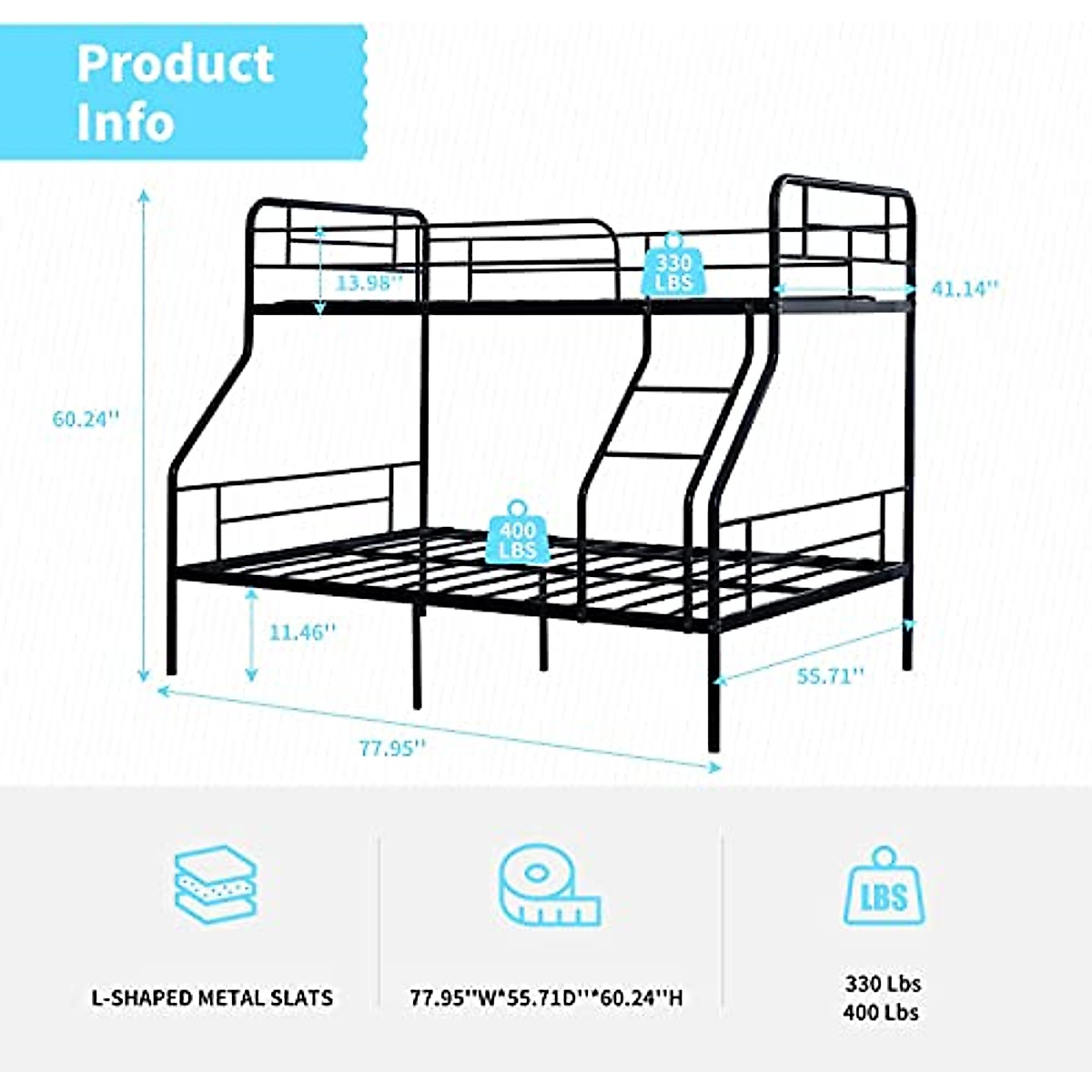 cuoote Twin Over Full Bunk Bed, Metal Twin Over Full Bunk Bed with Ladder and Guardrail, Space-Saving Design for Boys, Girls, No Box Spring Needed (Black, Twin Over Full)