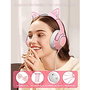 PHNIXGAM Pink Girl Gaming Headset for PS4, PS5, Xbox One(No Adapter), Wired Over-Ear Headphones with Detachable Cat Ears, Noise Cancelling Microphone, RGB Backlight, Surround Sound for PC