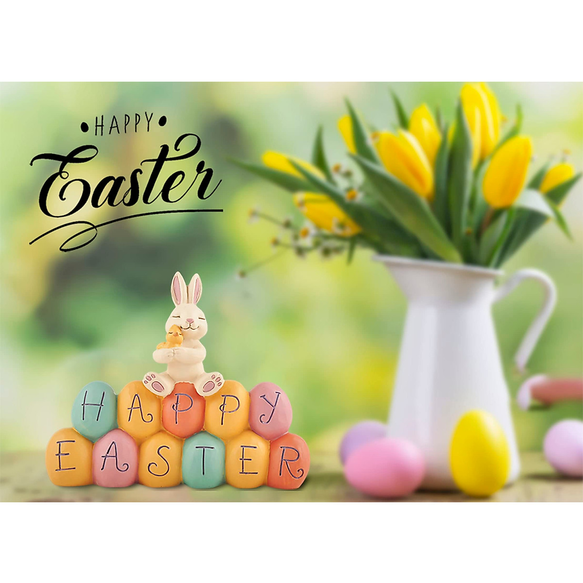 Easter Bunny Figurine Decorations - Hand Painted Sping Rabbit Statue Ornament - Easter Animal Tabletopper Accessories Sculpture for Party,Garden,Home Decorations,4.8 Inch,Polyresin