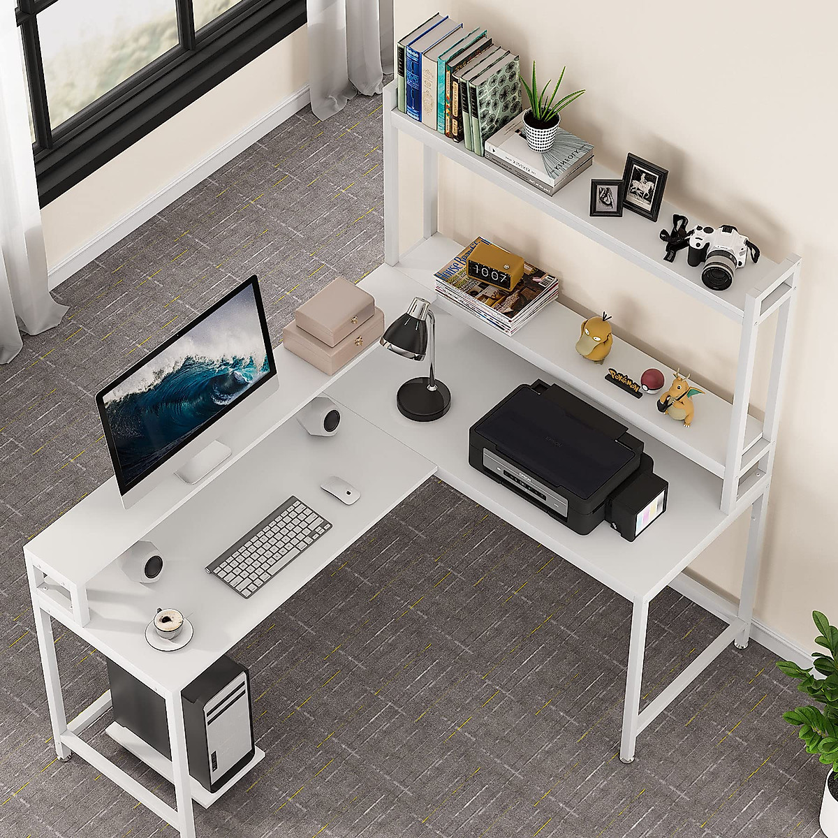 Tribesigns L Shaped Desk with Hutch and Monitor Stand, Corner Computer Desk Home Office Desk with Storage Shelf, Gaming Table Workstation,CPU Stand Included, (White&White)