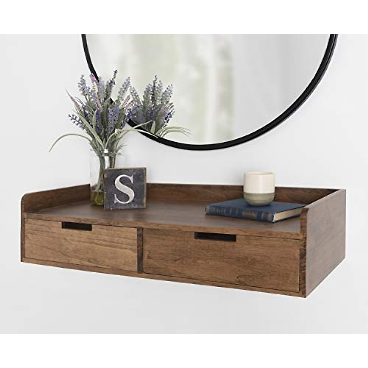Kate and Laurel Kitt Modern Floating Shelf with Drawers, 28 x 12 x 6.5 inches, Rustic Brown, Chic Floating Storage Console Table or Desk for Wall