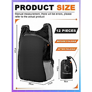 12 Pieces Foldable Hiking Daypacks Water Resistant Lightweight Packable Backpack Black Collapsible Backpack Camping Packable Bag for Women Men Travel Outdoor Running Sports Activities