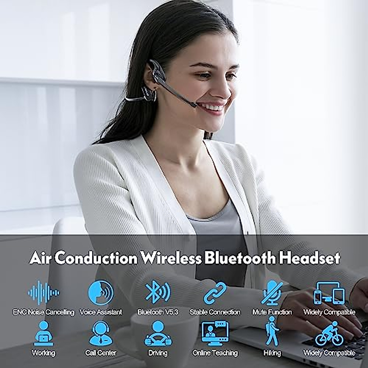 Aimopt Open Ear Headphones, Air Conduction Bluetooth Headset, Wireless Headphones with Noise-Canceling Microphone, Headset with Mic for Laptop Work, Study, Running and Driving