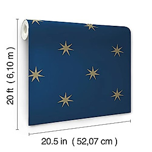 Erin & Ben Co. PSW1451RL Navy and Metallic Gold Star Splendor Premium Peel and Stick Wallpaper Blue
