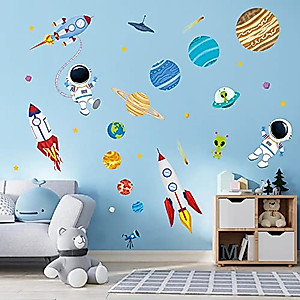 decalmile Outer Space Wall Decals Rocket Planets Astronaut Wall Stickers Baby Nursery Boys Bedroom Playroom Wall Decor