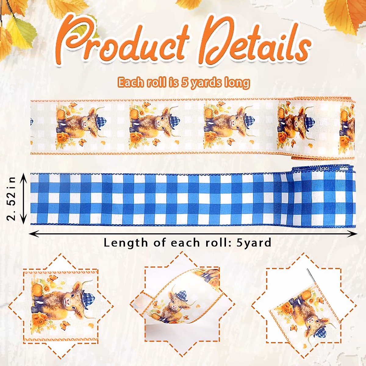 Estivaux 2 Rolls Alpine Cattle Ribbons for Crafting, Baby Shower Wired Edge Ribbon Blue Buffalo Plaid Ribbon Bow Country Rustic Calf Burlap Ribbon for Gift Wrapping Decorations