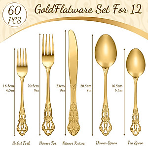 Dandat 60 Pcs Retro Royal Silverware Set Service for 12, Stainless Steel Flatware Set Tableware Cutlery Utensils Set Include Spoon Fork Knife Set for Home Restaurant Kitchen Wedding(Gold, 60 Pcs)