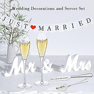 YULVINE Engraved Mr and Mrs Champagne Flutes Wooden Sign,Wedding Toasting Glasses for Bride and Groom,Cake Knife and Server Set Just Married Banner for Couple Reception Ceremony