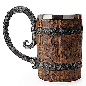 ZPENG Wine Tumbler Beer Cup,Retro Resin Simulation Crude Barrel Stainless Steel Double Wall Insulated Wood Mug Drinkware