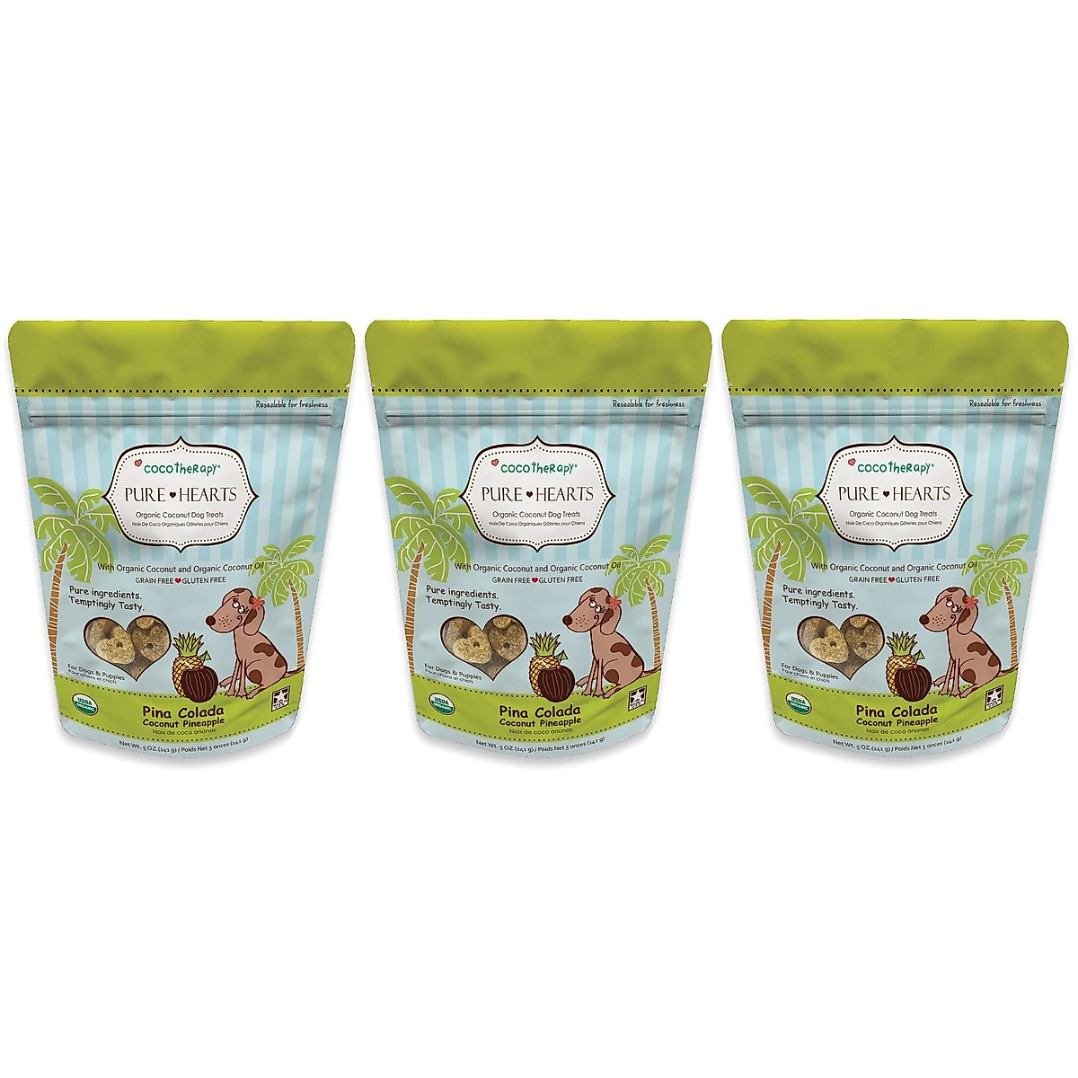CocoTherapy 3 Pack of Pina Colada Pure Hearts Coconut Cookies, 5 Ounces Each, Organic Dog Treats Made in The USA