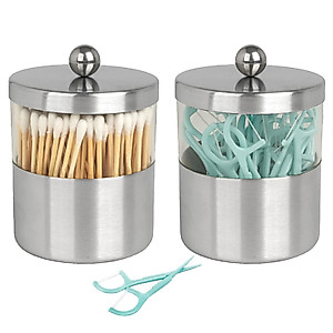 Gaussra Apothecary Jars, Qtip Holder - Stainless Steel Bathroom Jar with Stickers - Farmhouse Decor Qtip Dispenser for Qtips, Cotton Balls, Swabs, Makeup Sponges (2 Pack, Brushed Nickel)