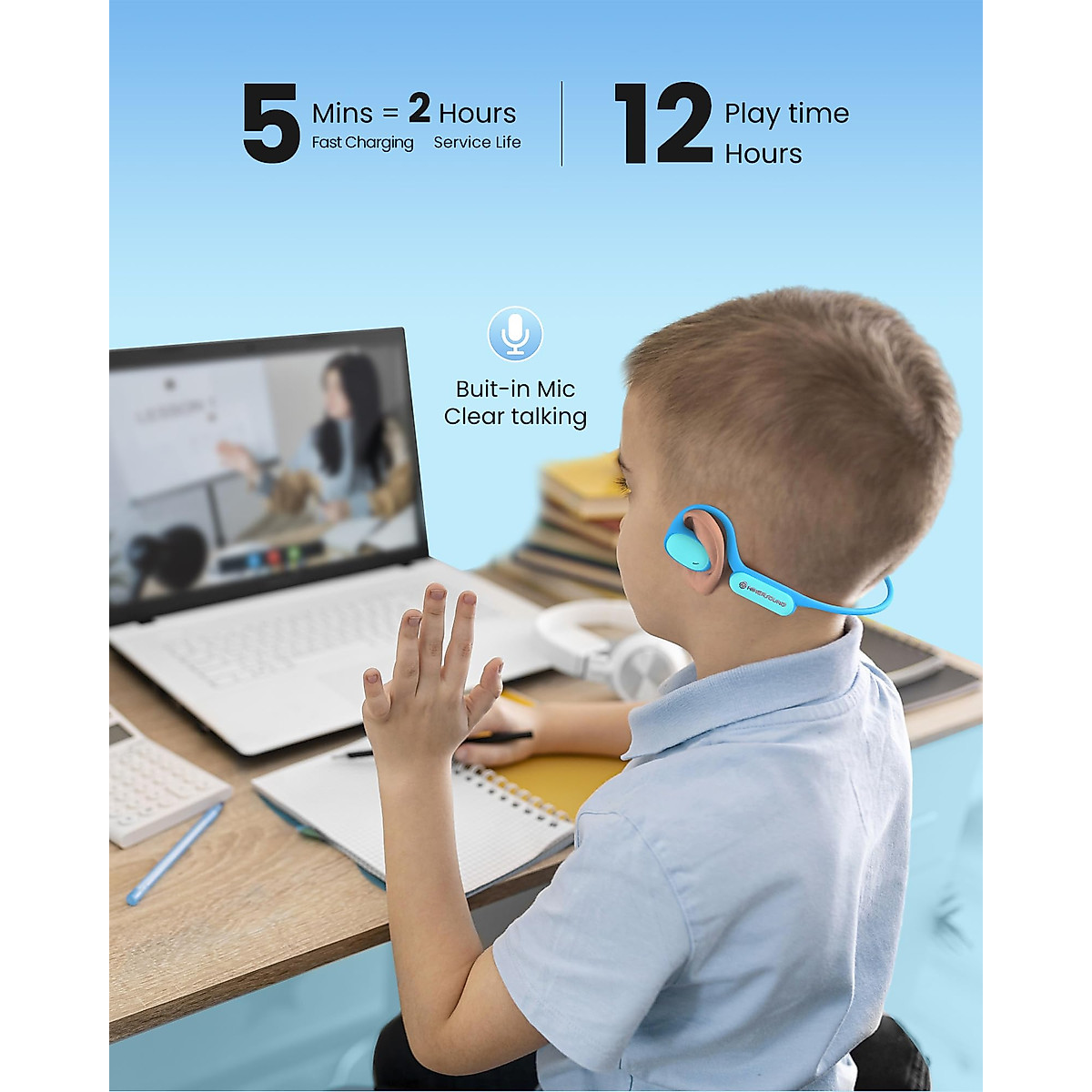 Hinersound Kids Bluetooth Headphones Open Ear Air Conduction,70/85/94dB Volume Control Ultra-Light Wireless Sport Kids Earbuds for Children Travel/Running/Cycling