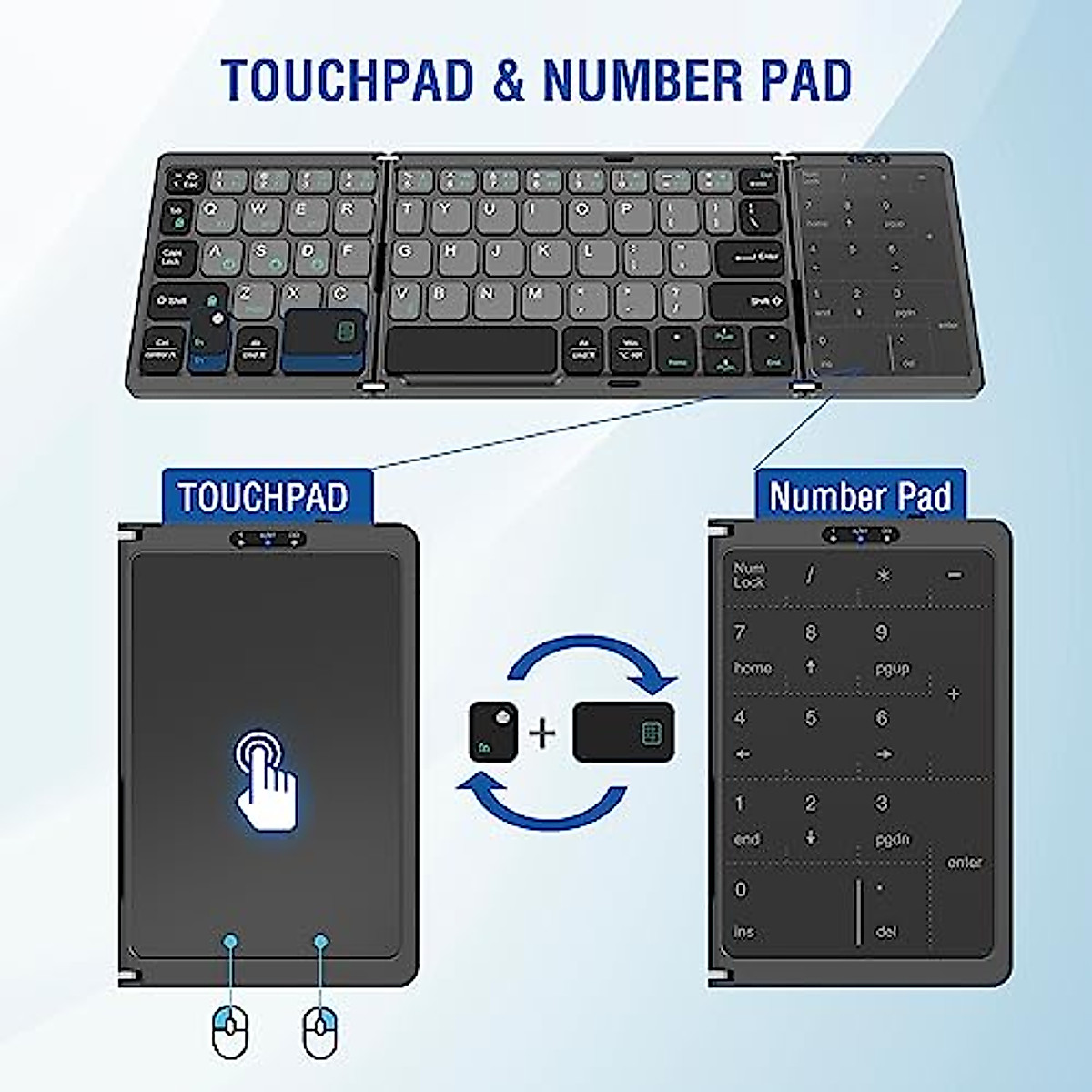 EDJO Foldable Bluetooth Keyboard, Rechargeable Portable Wireless Keyboard with Touchpad & Number Pad for Android, Windows, iOS, PC/Laptop/Smartphone/Tablet (Grey)