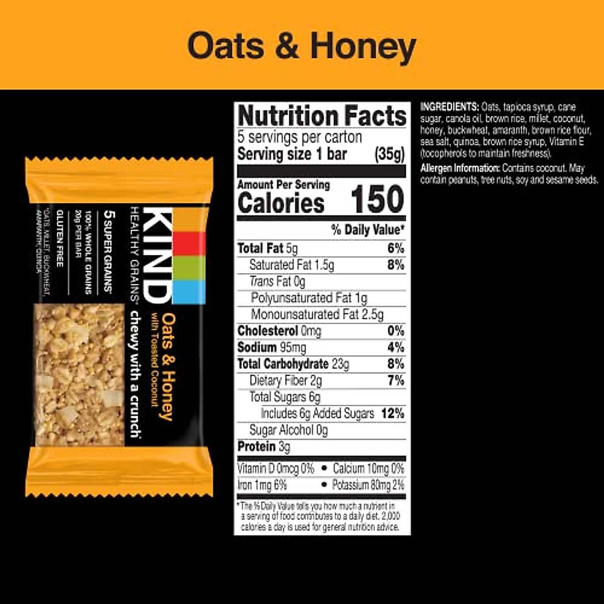 KIND Healthy Grains Bars, Oats & Honey With Toasted Coconut, Healthy Snacks, Gluten Free, 40 Count