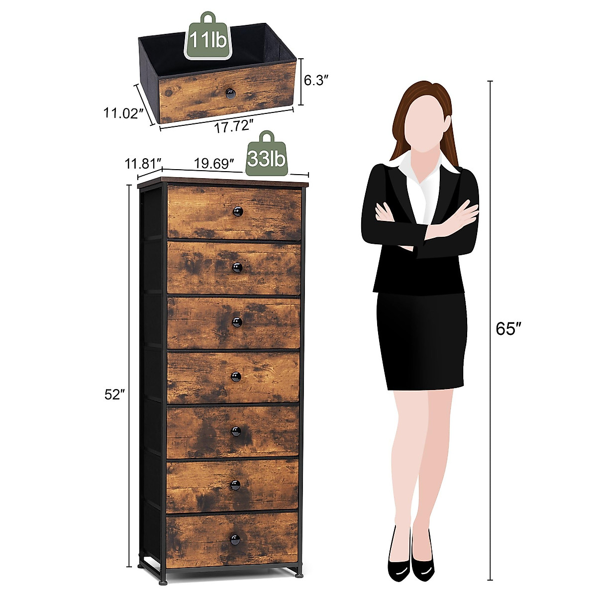 Crestlive Products Tall Dresser, 7-Drawer Fabric Storage Tower, Chests of Drawers - Vertical Organizer Unit for Bedroom, Hallway, Entryway, Nursery, Closets -Wood Top & Handles (Rustic Brown)