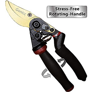 gonicc 8.5" Professional Rotating Bypass Titanium Coated Pruning Shears(GPPS-1014), Secateurs, Scissors, Pruners with Heavy Duty SK5 Blade. Soft Cushion Grip Handle for Everyone.