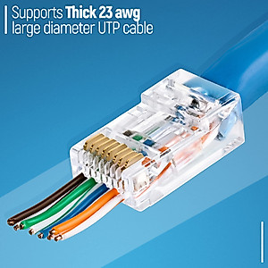 GTZ RJ45 Cat6/6a Pass Through Connectors for a Thick 23 AWG Large Diameter UTP Network Cable, 100 Pcs | Insert Guides Included