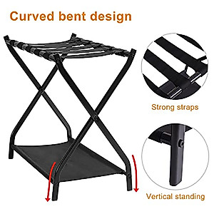 Heybly Luggage Rack,Pack of 2,Steel Folding Suitcase Stand with Storage Shelf for Guest Room Bedroom Hotel,Black,HLR003B2